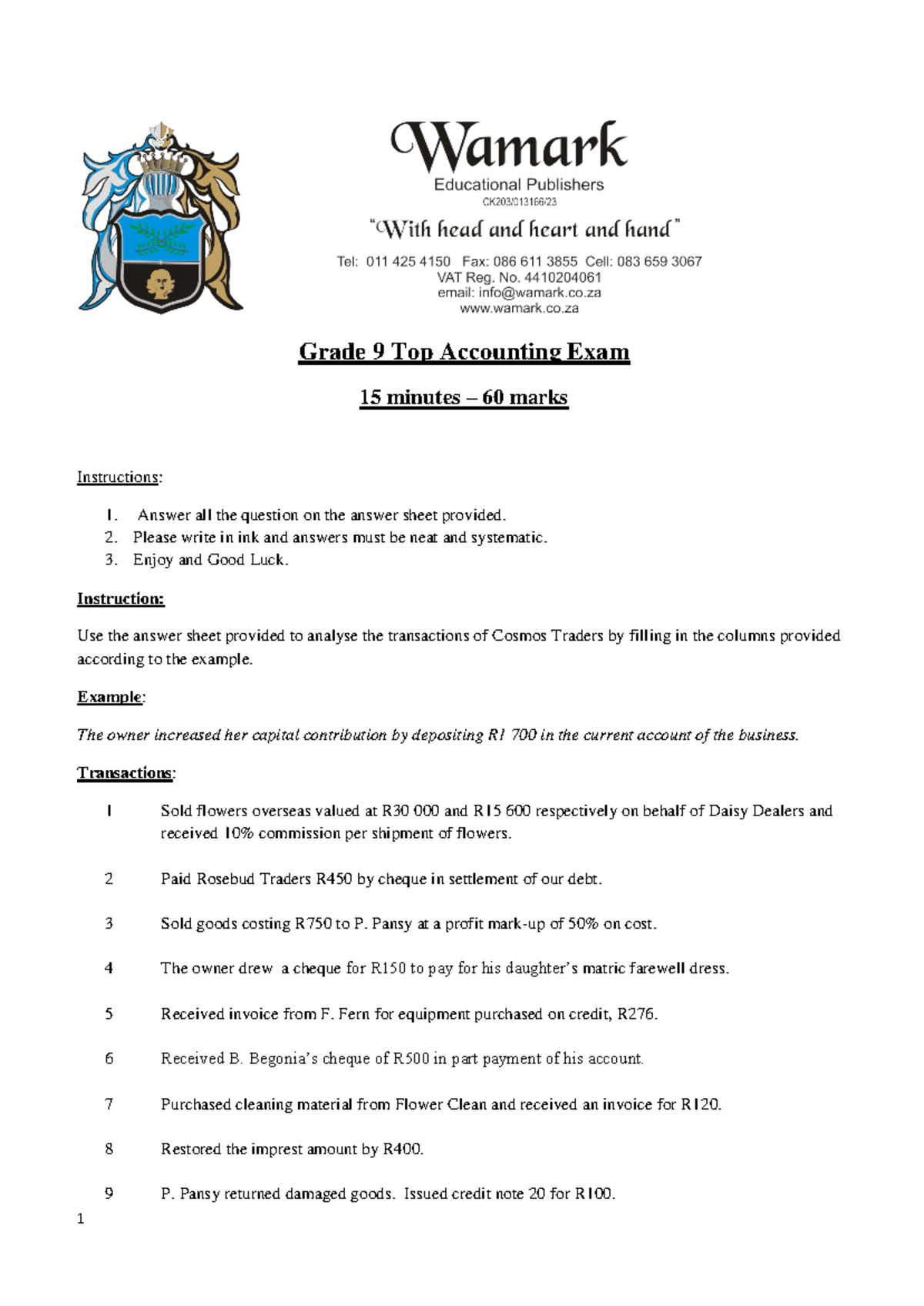 Accounting Grade 9 November Exam Accounting Equation - 1 Grade 9 Top ...