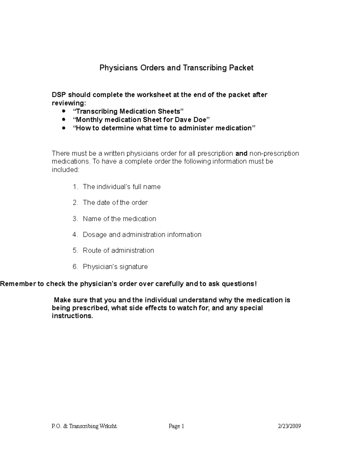 Nursing Med Transcribing Packet - Physicians Orders and Transcribing ...