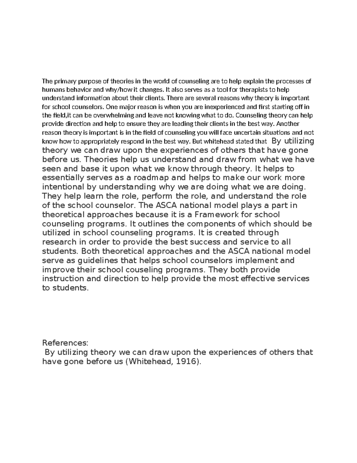 Discussion Theory of Counseling - The primary purpose of theories in ...