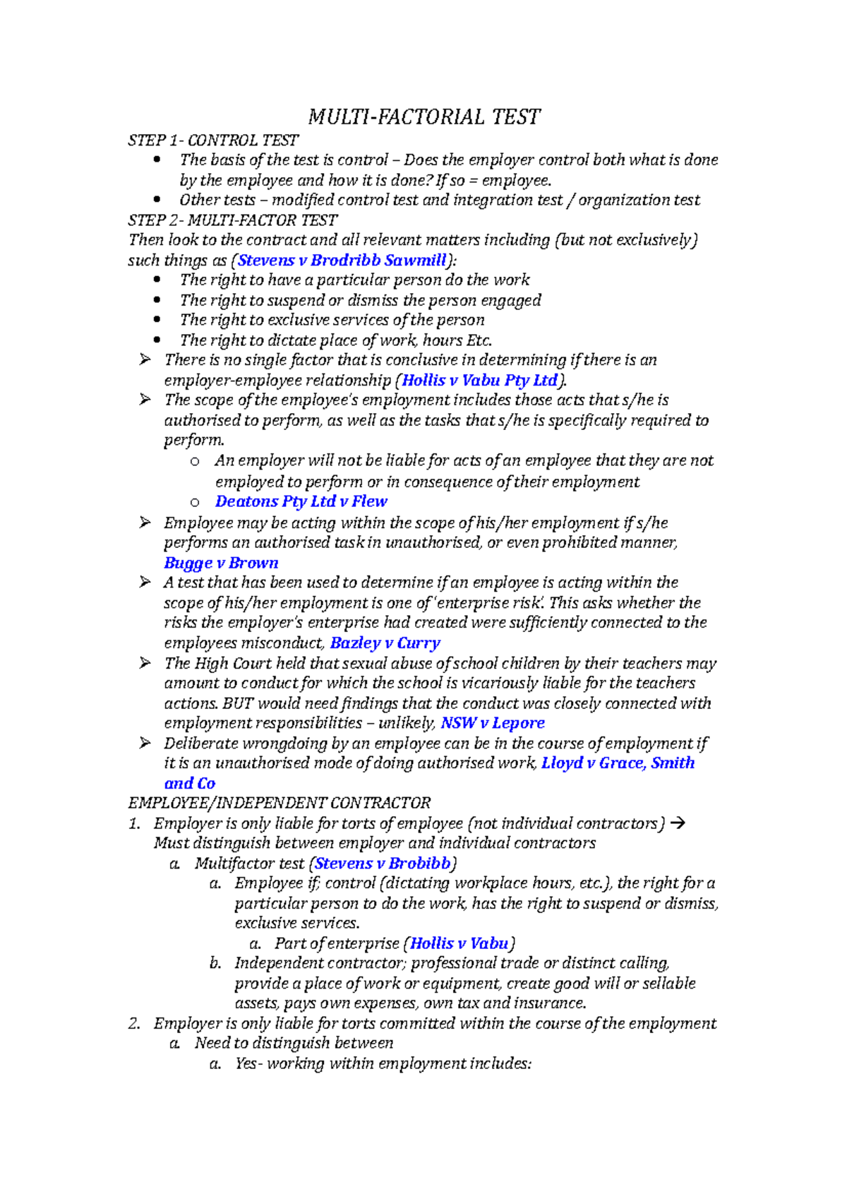 V - Summary Torts - MULTI-FACTORIAL TEST STEP 1- CONTROL TEST The basis ...