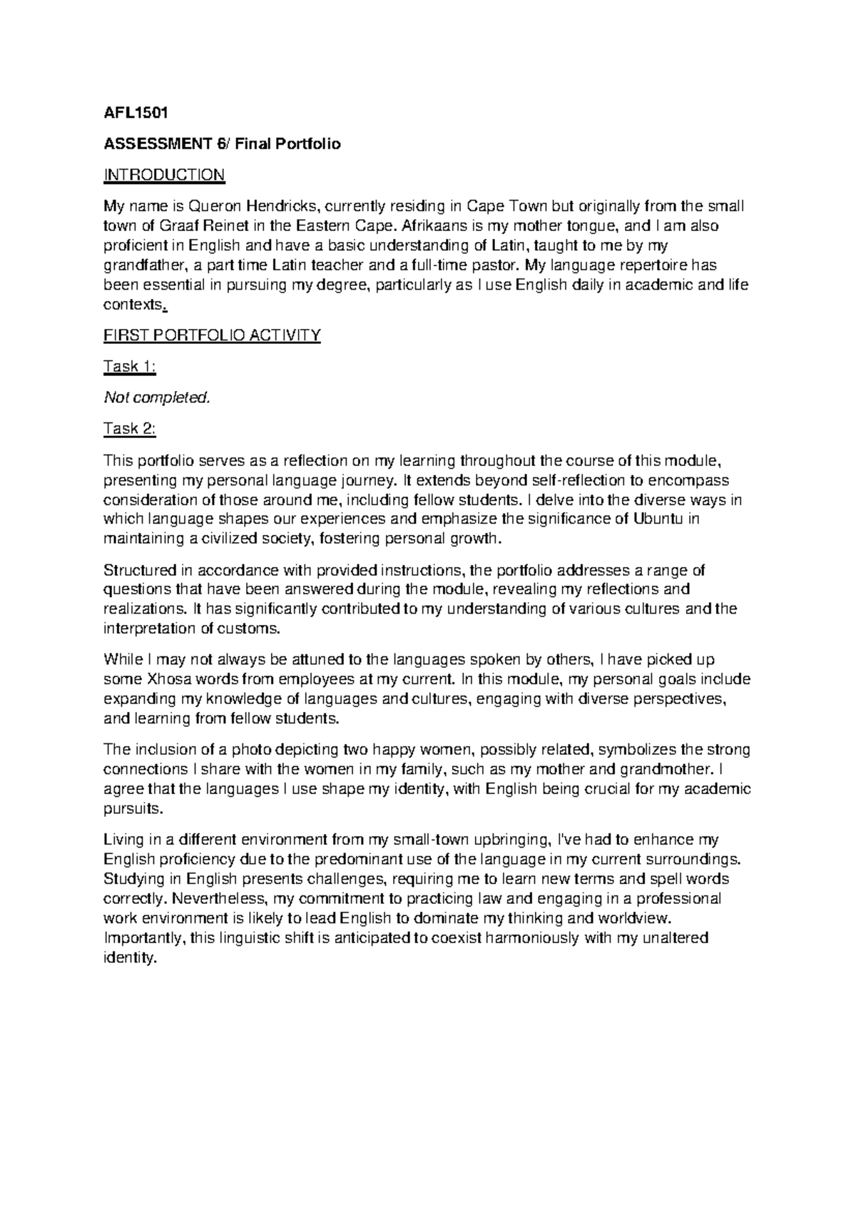 AFL1501 Assessment 6 final - AFL15 01 ASSESSMENT 6/ Final Portfolio ...