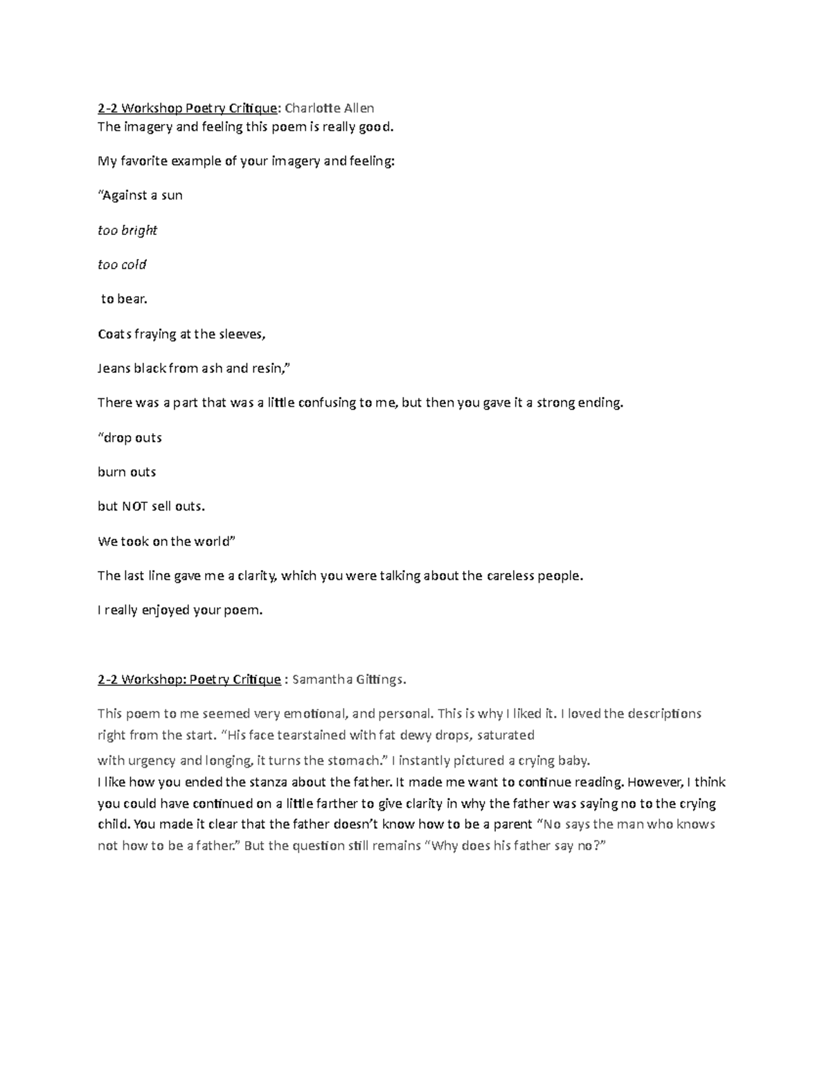 2-2 Workshop Poetry Critique - Workshop Poetry Critique: Charlotte ...
