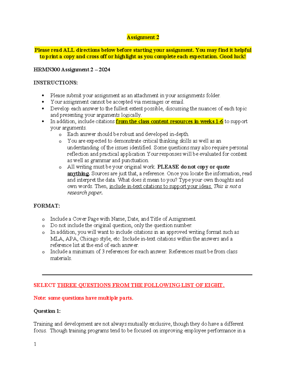 HRMN 300 Assignment 2 - Assignment 2 Please read ALL directions below ...