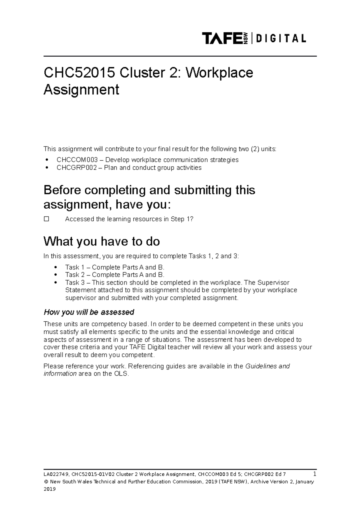 CHC52015 Cluster 2 Workplace Assignment - Task 2 – Complete Parts A and ...