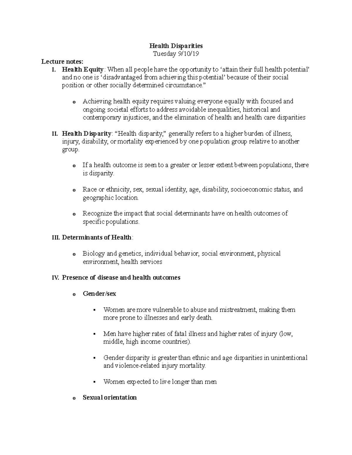 HP365 notes - Health Disparities Tuesday 9/10/ Lecture notes: I. Health ...