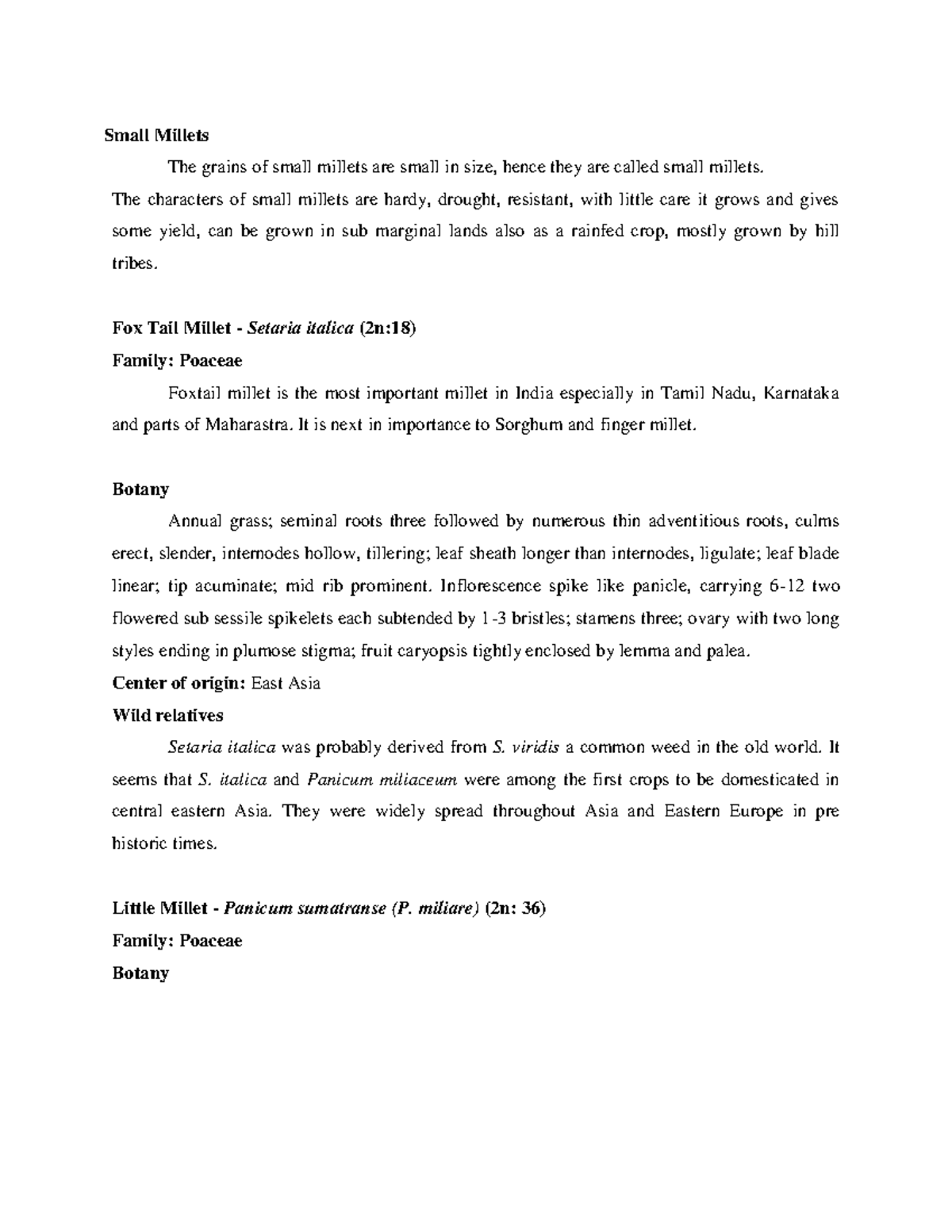 Classification of Plants cont - Small Millets The grains of small ...