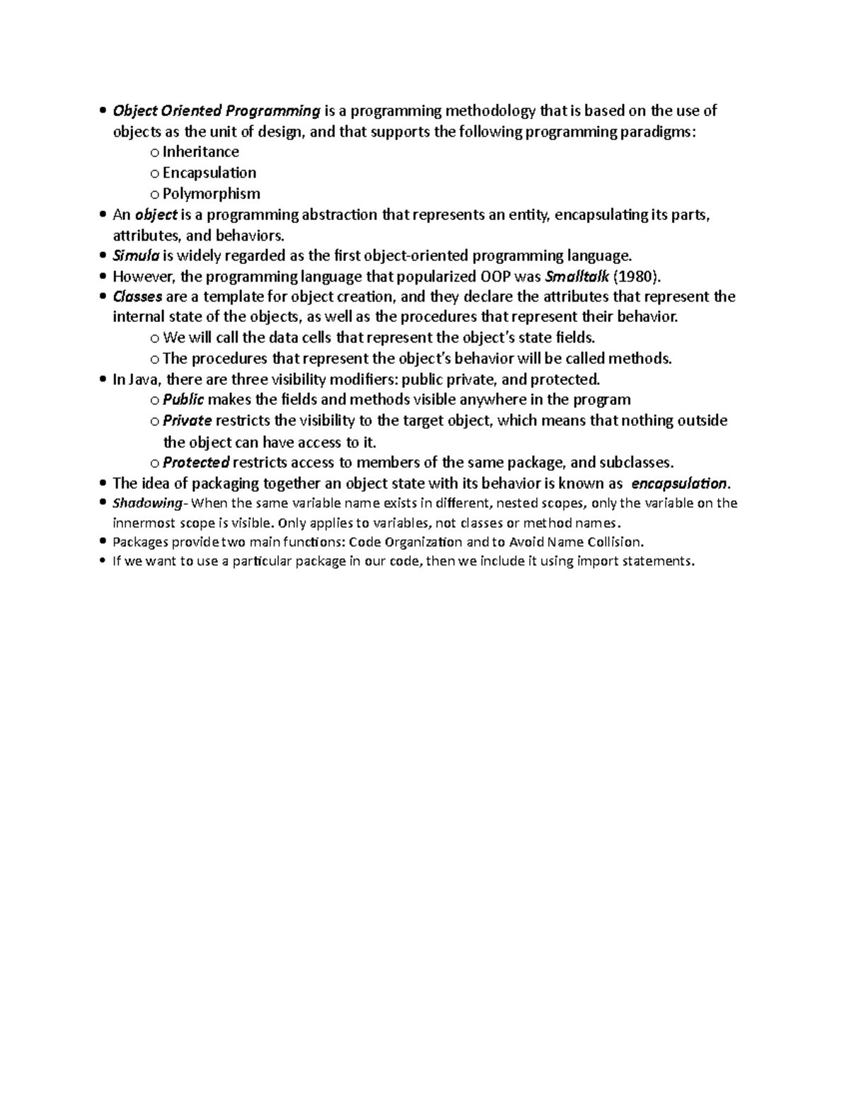 Midterm 1 Review - Object Oriented Programming is a programming ...