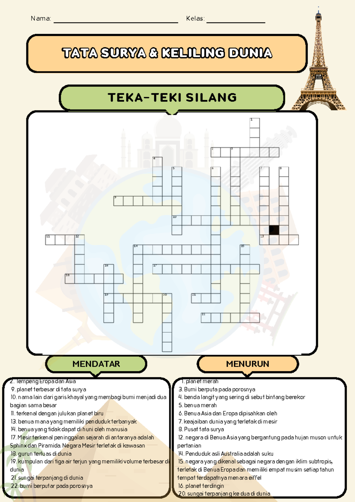 Sumber Energi Lembar Kerja Pendidikan IPAS Teka-teki Silang Ilustrasi ...