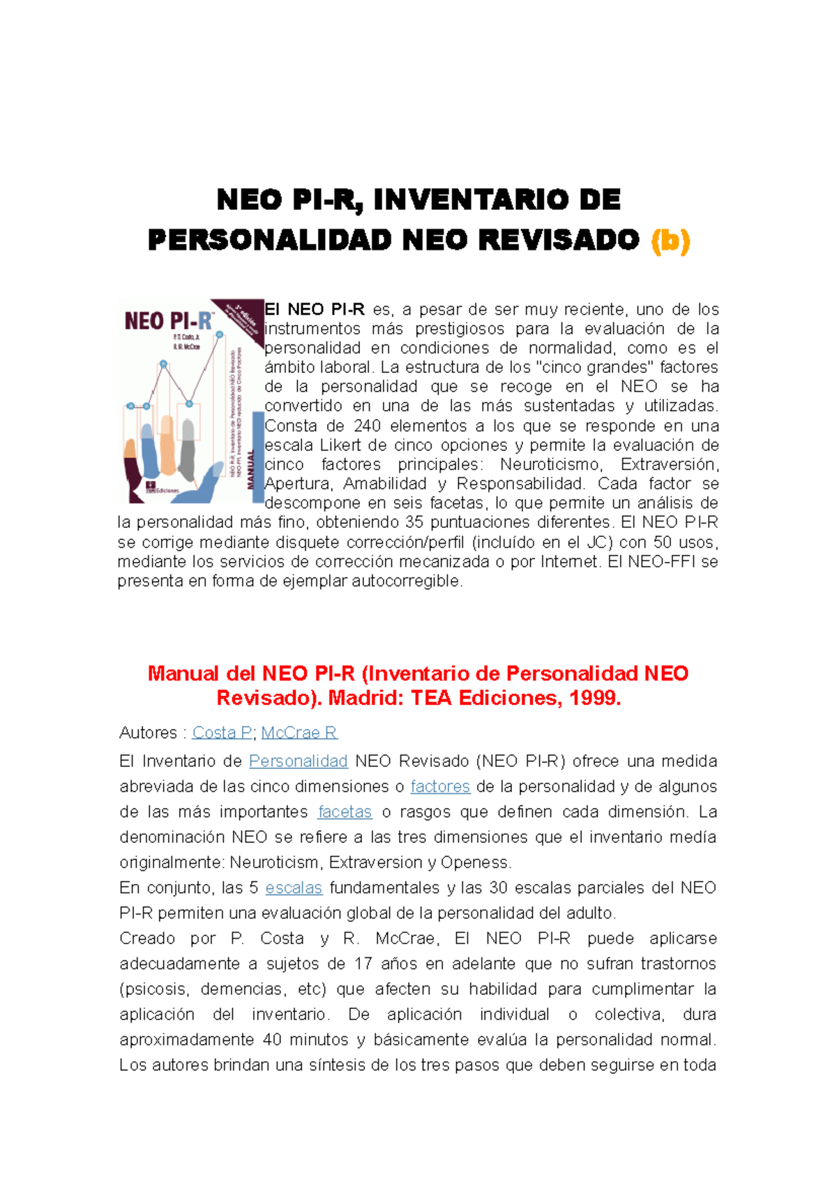 NEO PI Datos DEL Instrumento - NEO PI-R, INVENTARIO DE PERSONALIDAD NEO ...