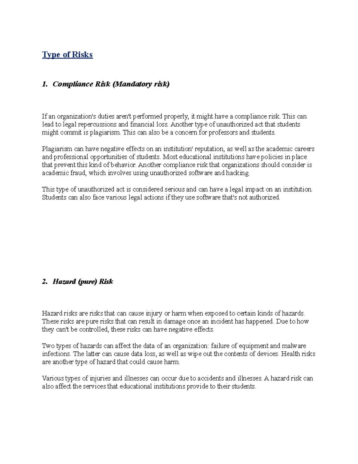 Risk Types - assignment - Type of Risks 1. Compliance Risk (Mandatory ...