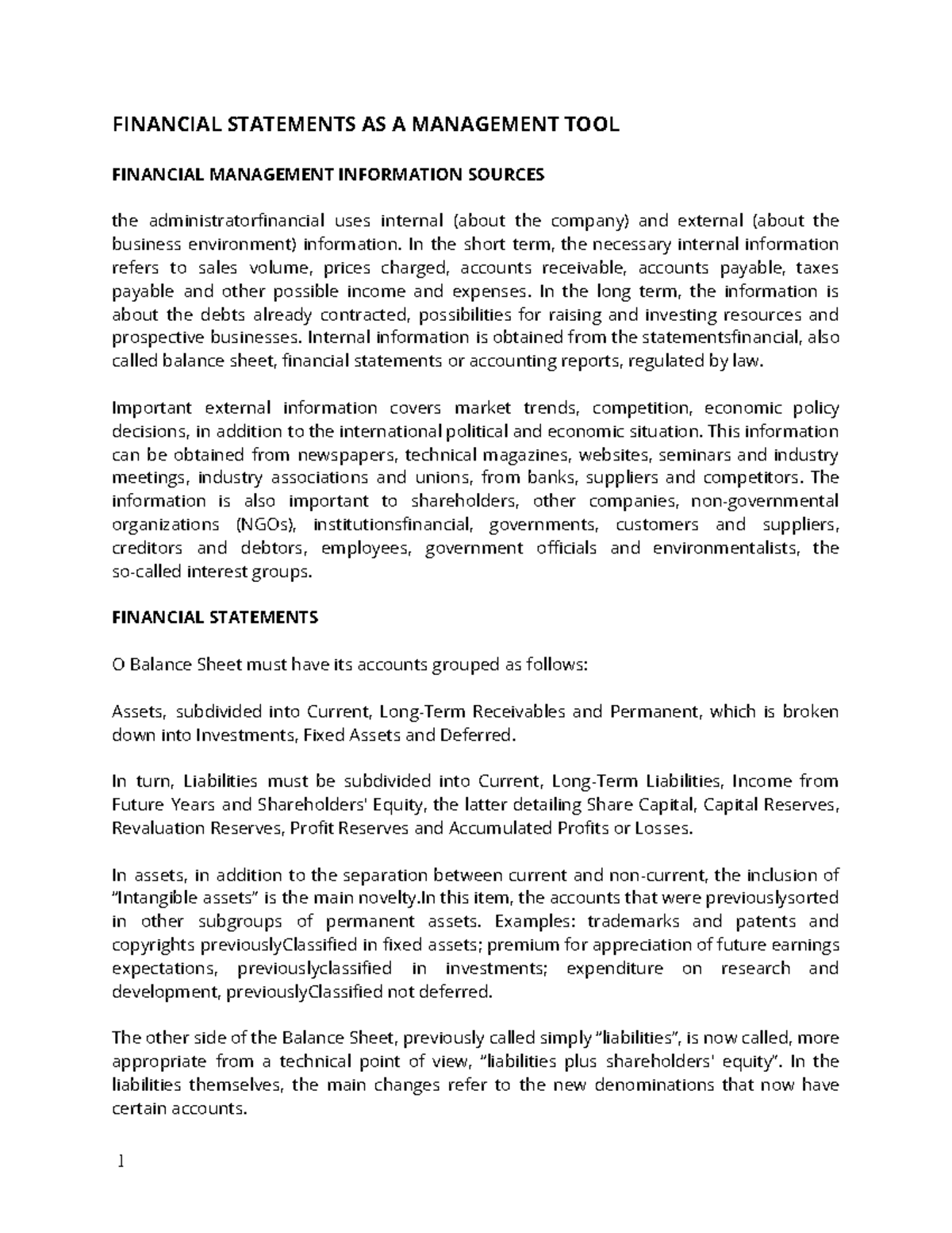 Financial statements. - FINANCIAL STATEMENTS AS A MANAGEMENT TOOL ...