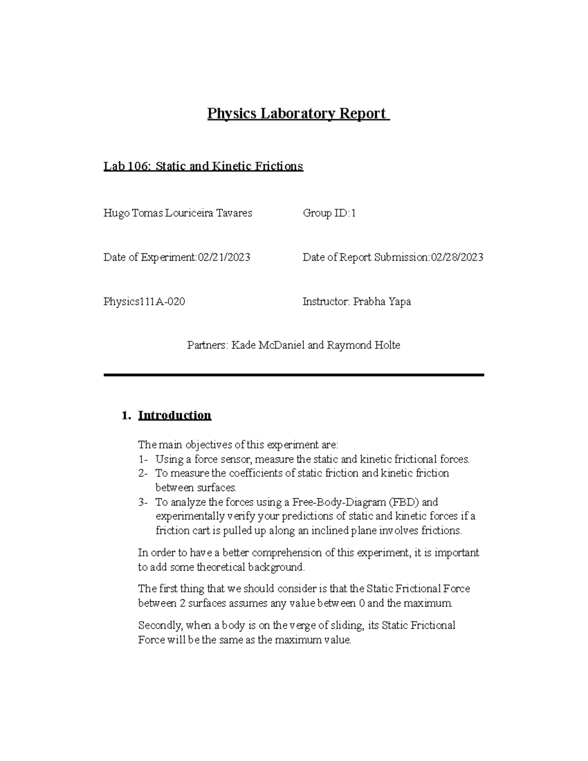 Physics Laboratory Report 106 - Physics Laboratory Report Lab 106 ...