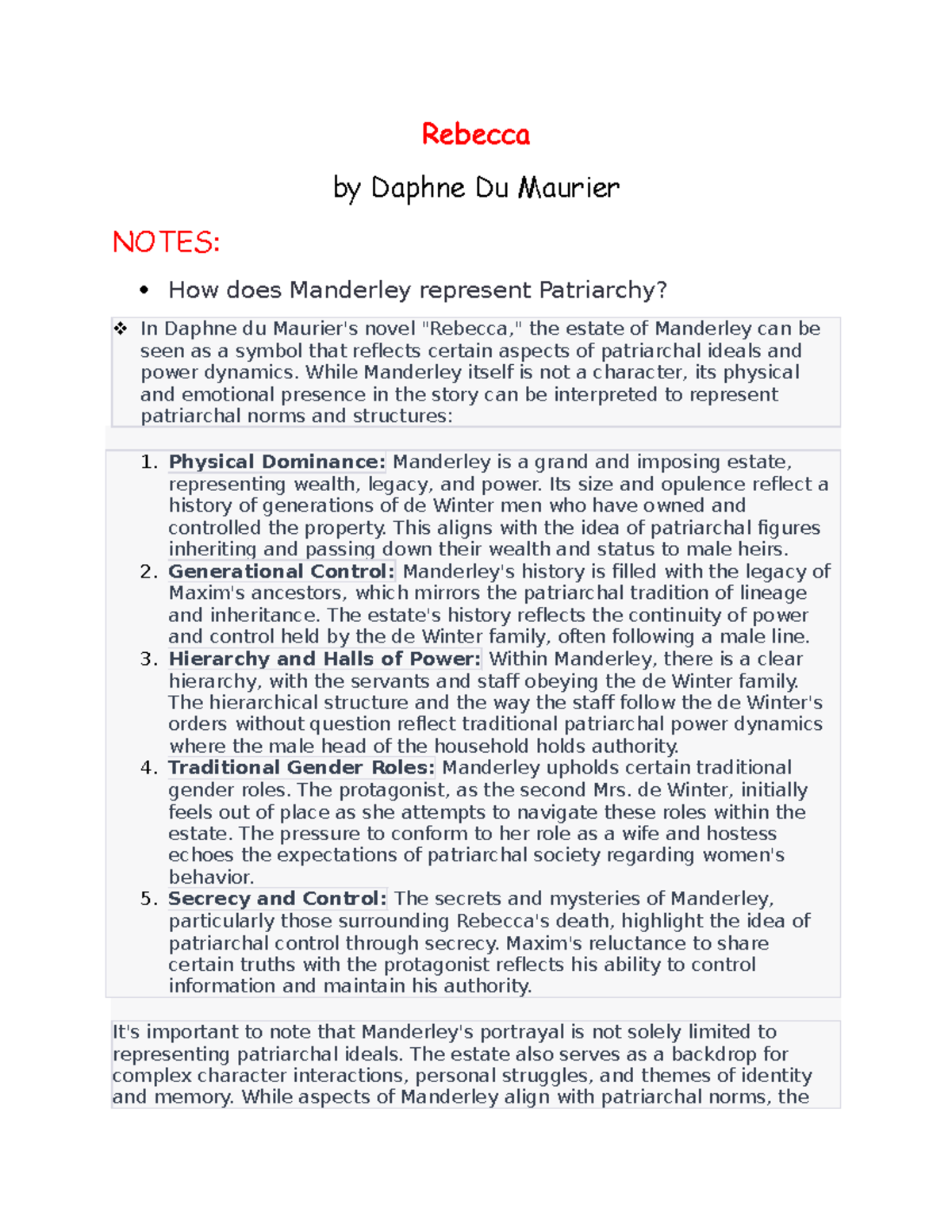 Rebecca Notes - Rebecca by Daphne Du Maurier NOTES: How does Manderley ...