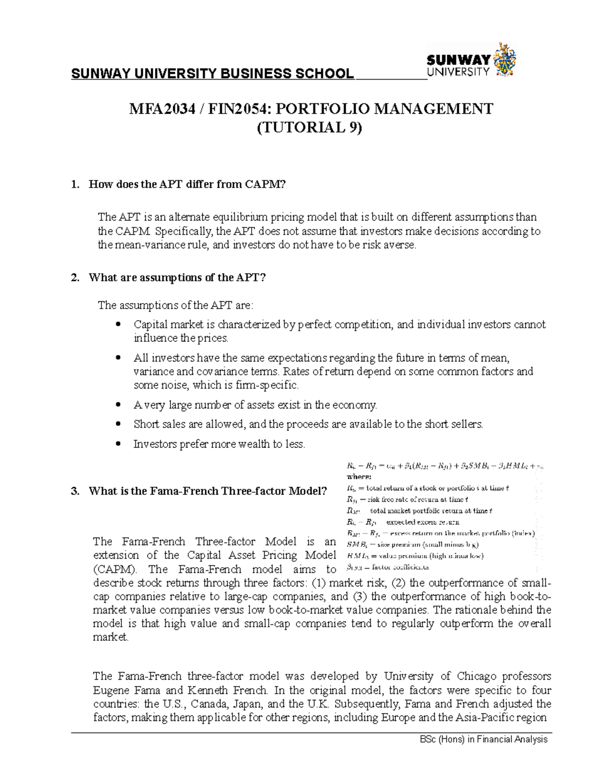 Tut9 - TUTORIAL ANSWER - SUNWAY UNIVERSITY BUSINESS SCHOOL MFA2034 ...