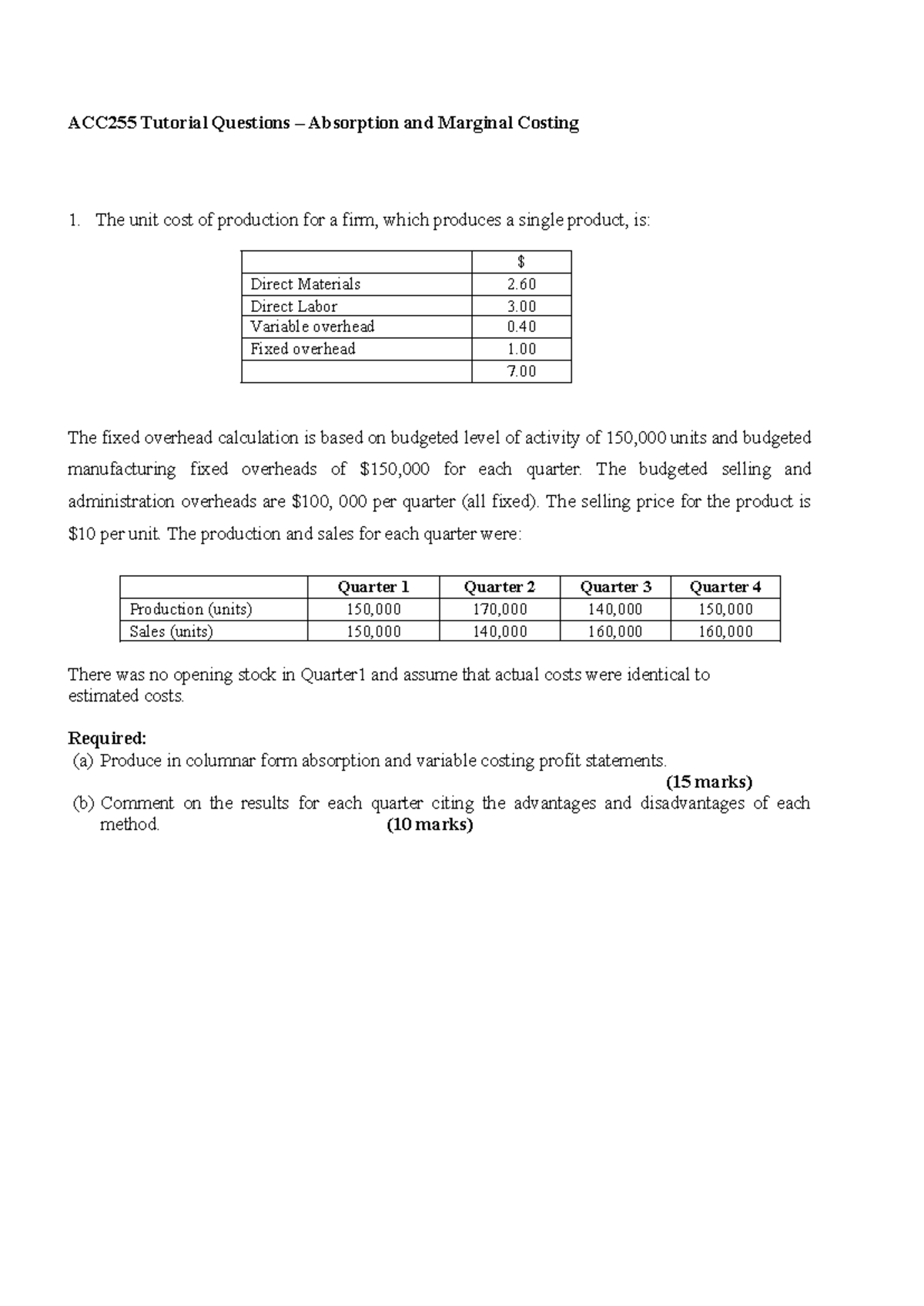 COST Accounting Tutorials 3 - ACC255 Tutorial Questions – Absorption and Marginal Costing 1. The ...
