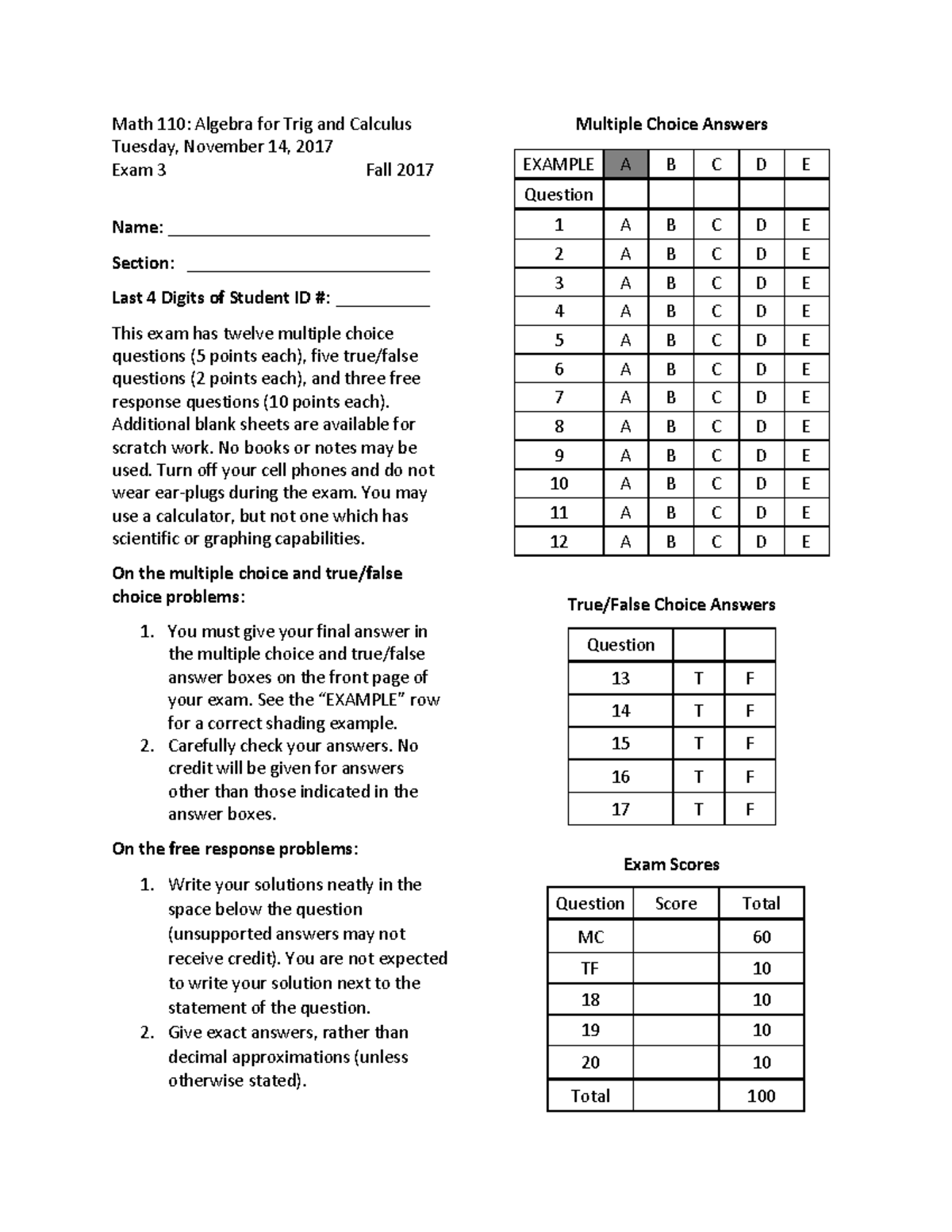 Ex3 - Math - Math 110: Algebra for Trig and Calculus Tuesday, November ...