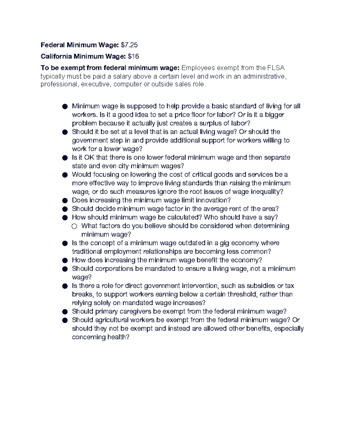 Minimum Wage Socratic Seminar - Federal Minimum Wage: $7. California ...