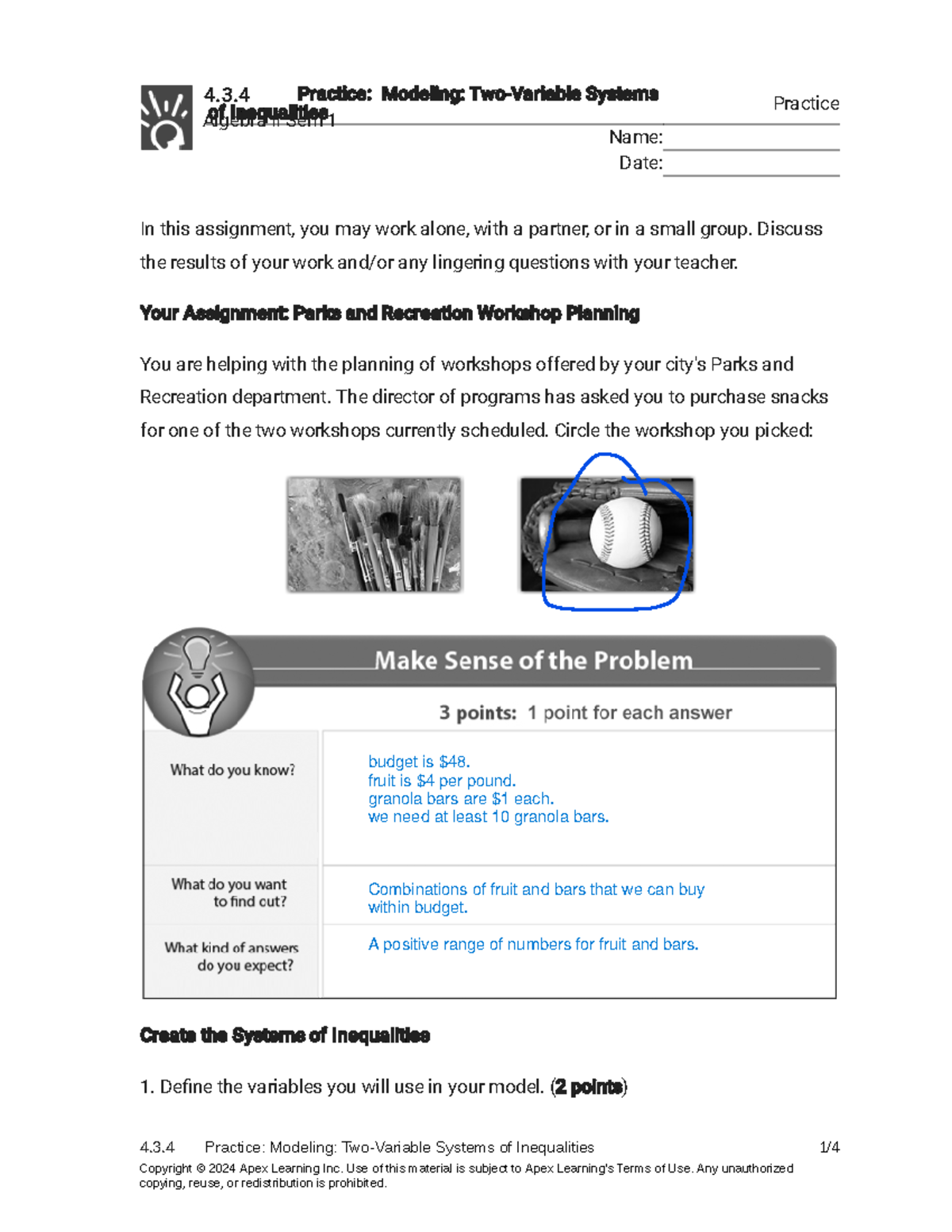 4.3.4 Practice - Modeling Two-Variable Systems of Inequalities ...