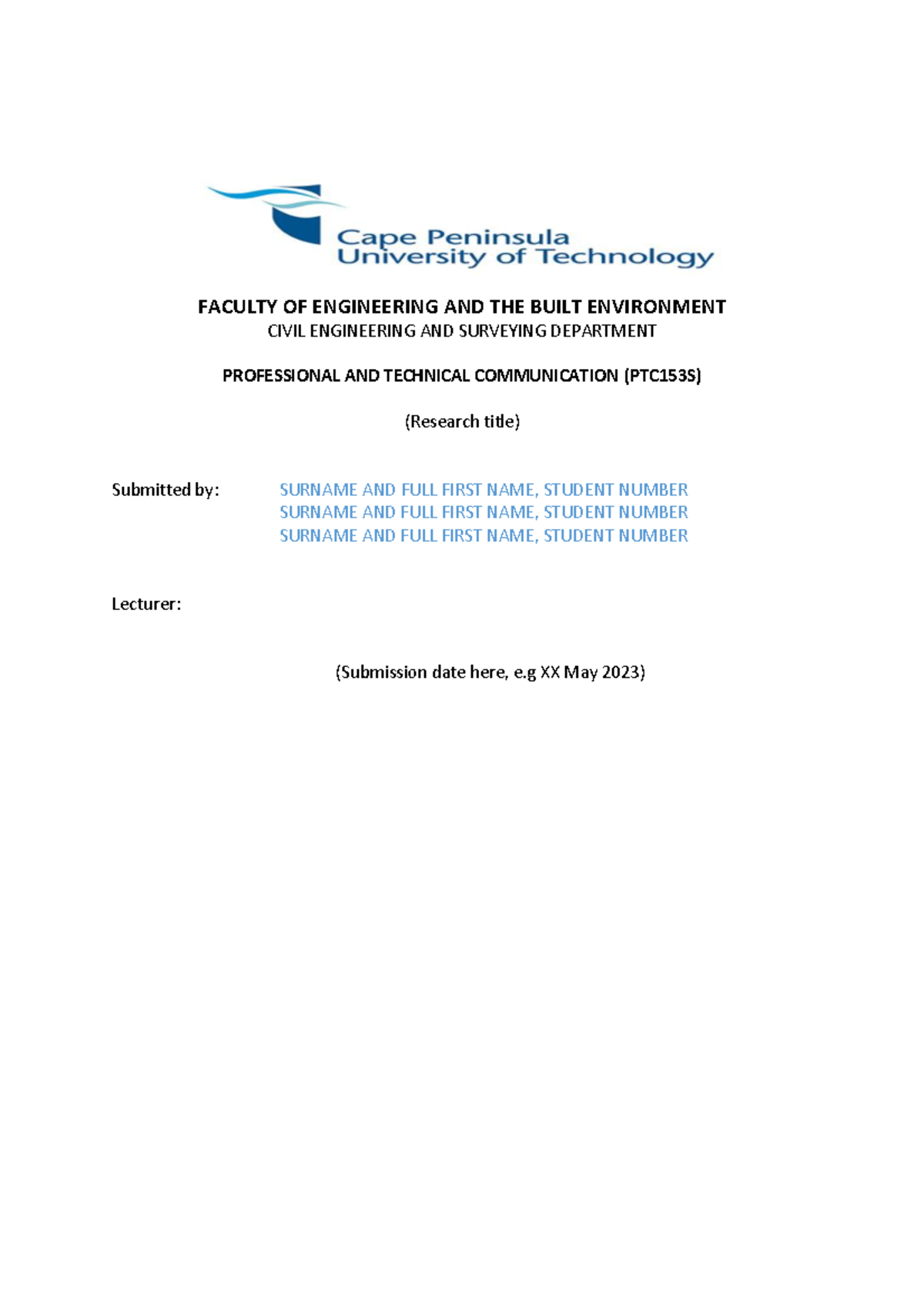 Report title page - PTC152X - FACULTY OF ENGINEERING AND THE BUILT ...