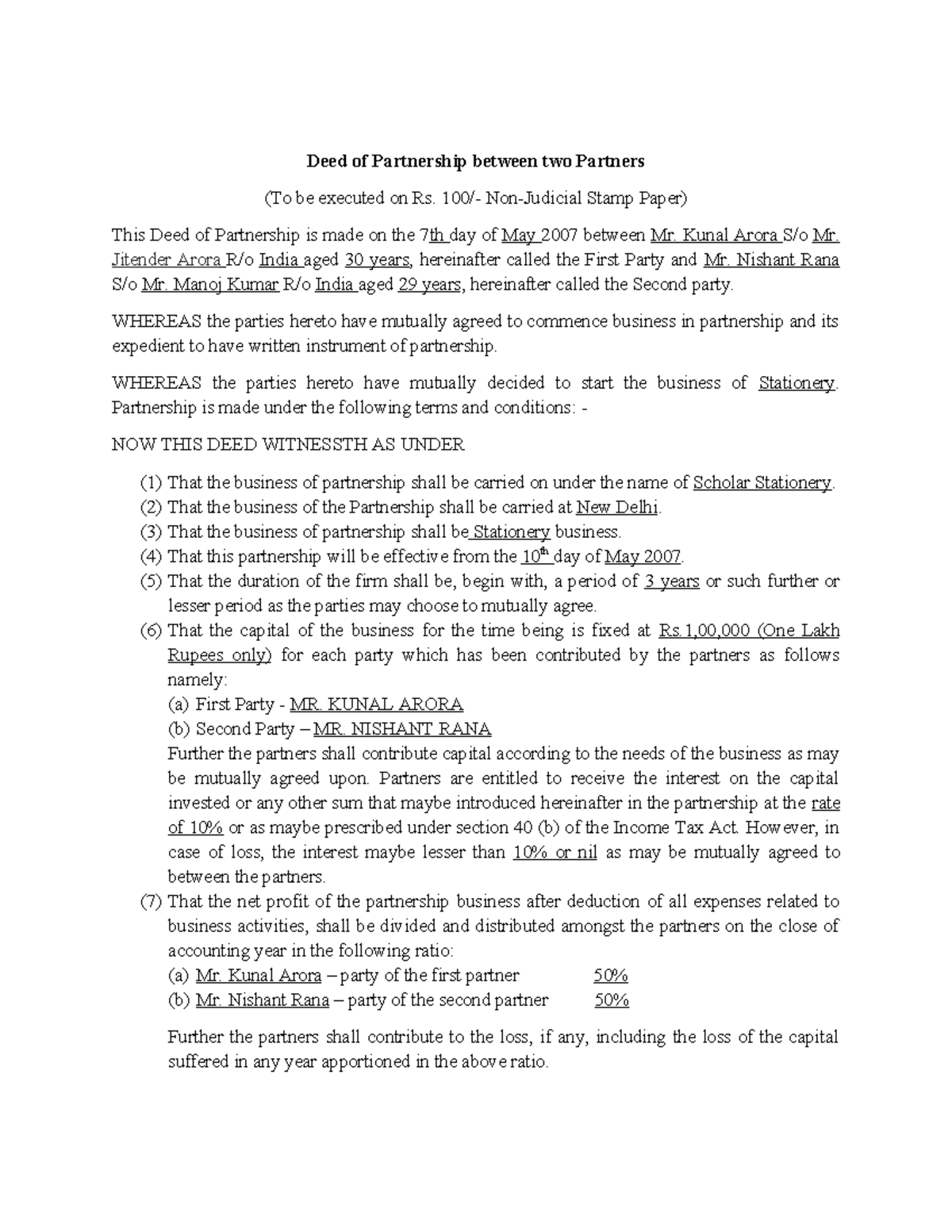 Deed of Partnership between two Partners - 100/- Non-Judicial Stamp ...