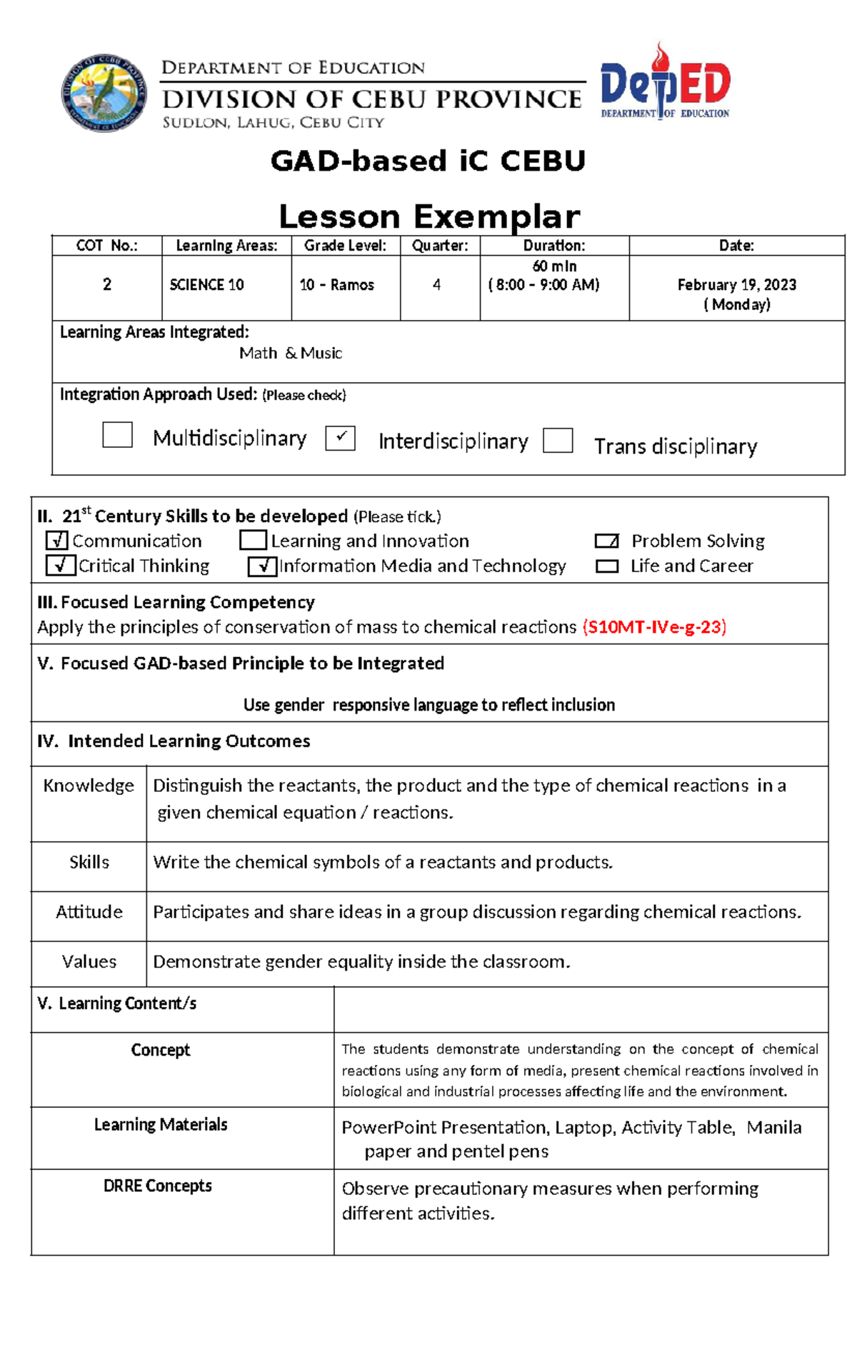 LE Science 10 - COT 2 ( SY 22-23) - Lesson Exemplar COT No.: Learning ...