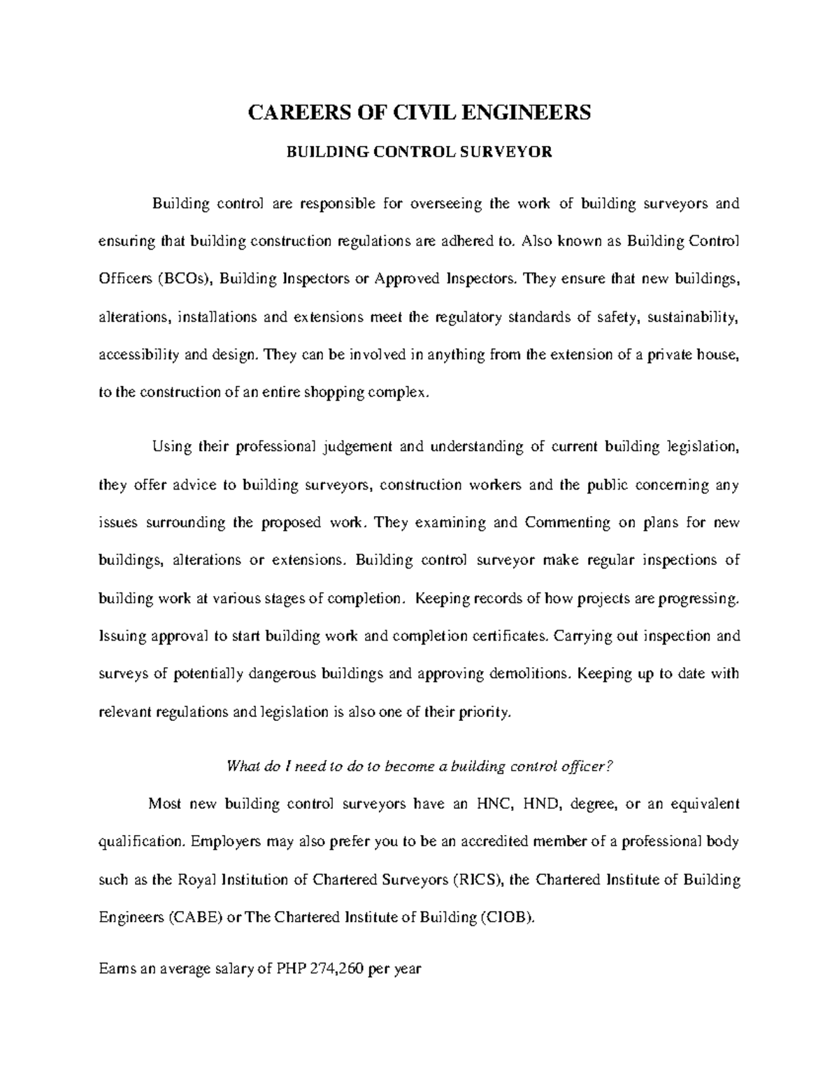 Career of Civil Engineers - CAREERS OF CIVIL ENGINEERS BUILDING CONTROL ...