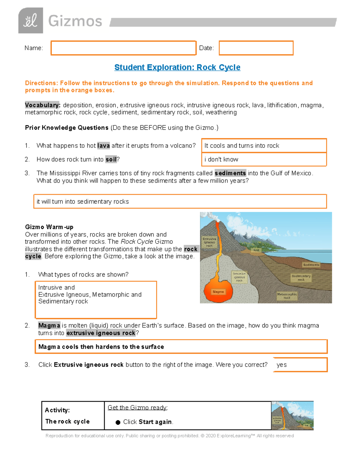 Rock Cycle SE Gizmos - Name: Date: Student Exploration: Rock Cycle ...