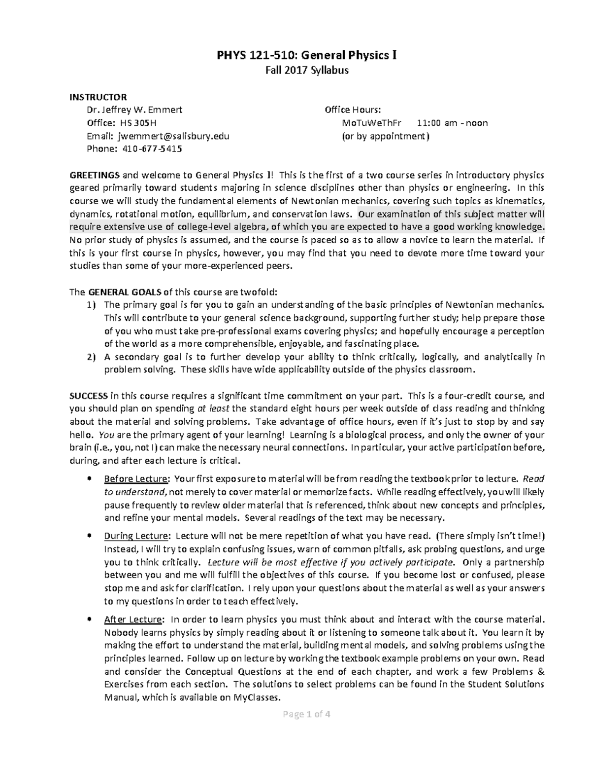 PHYS 121-510 2017 Fall Syllabus - Warning: TT: undefined function: 32 PHYS 121-510: General ...