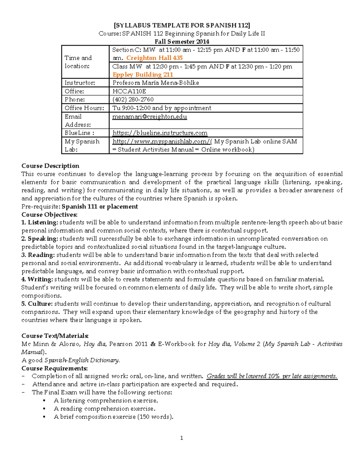 112 Syllabus Spanish - [SYLLABUS TEMPLATE FOR SPANISH 112] Course ...