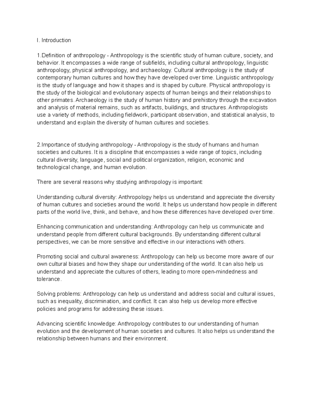 A1 - Anthropology Notes - I. Introduction 1 of anthropology ...