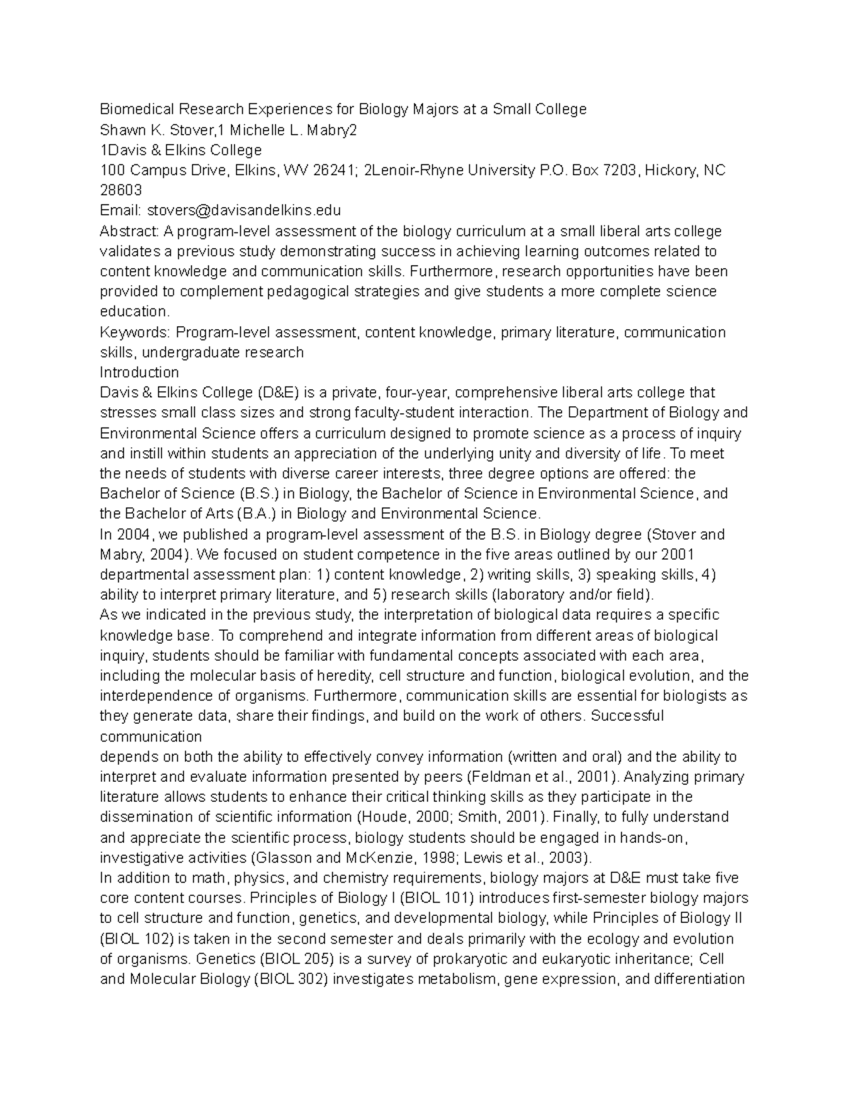 Bio article - Biomedical Research Experiences for Biology Majors at a ...