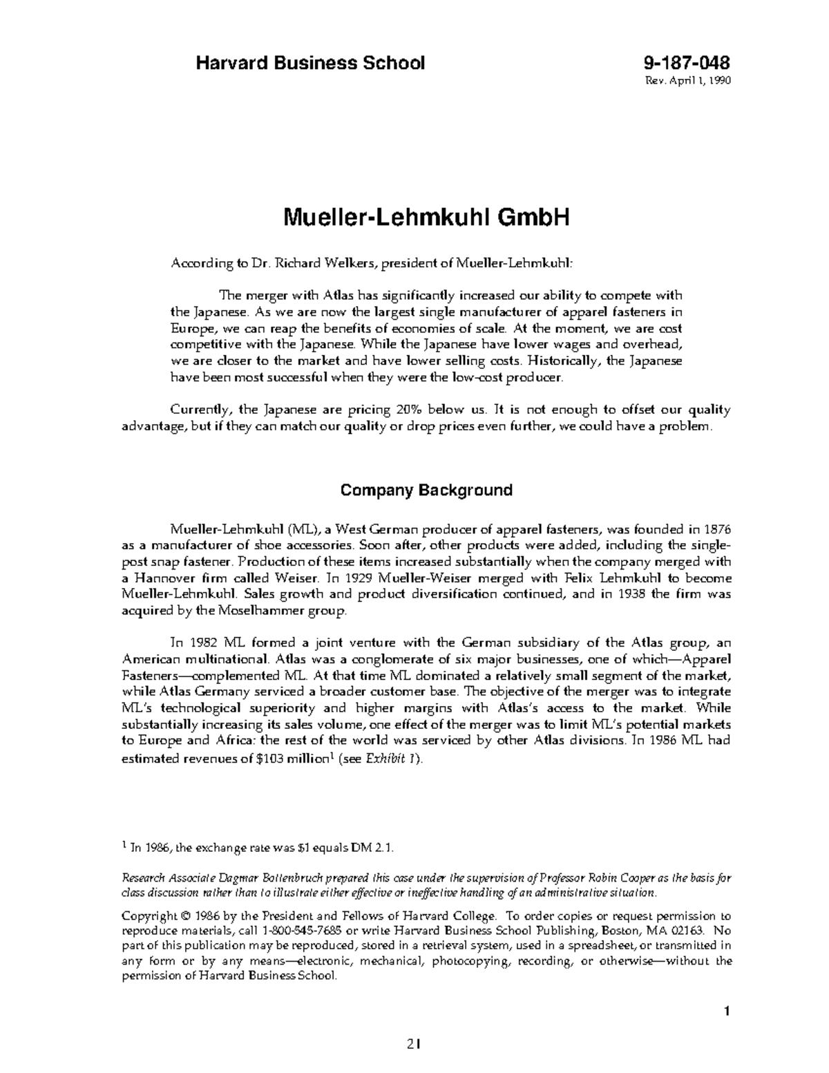 Case Study GMBH on Management School Mueller GMBH - Harvard Business School 9-187- Rev. April 1 ...