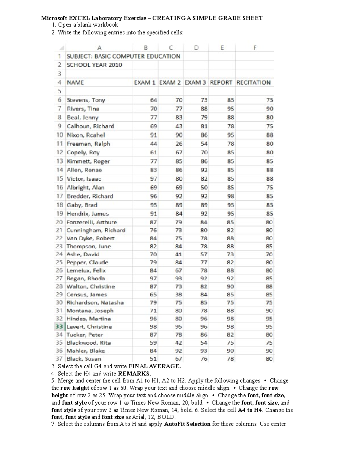 AIS - Excel Gradesheet - Microsoft EXCEL Laboratory Exercise – CREATING ...