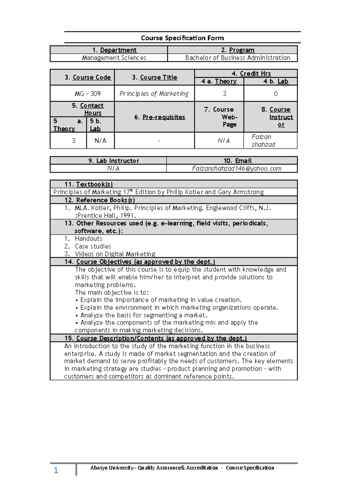 P OF Marketing Course Outlines - Course Specification Form Department 2 ...