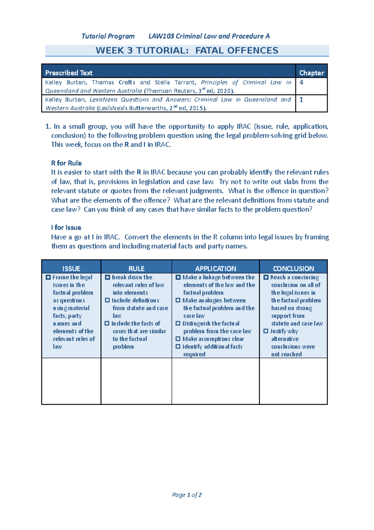 LAW103 Tutorial Program - Week 3 Fatal Offences - Tutorial Program ...