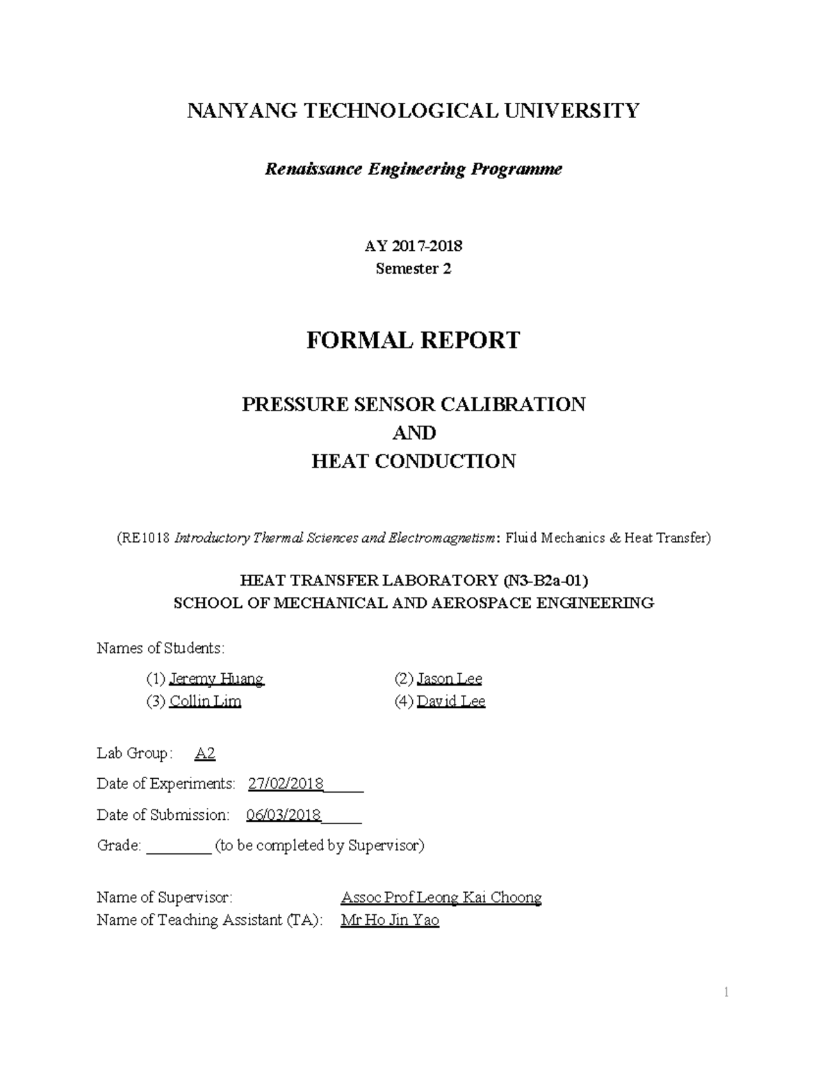 Thermal Lab report - NANYANG TECHNOLOGICAL UNIVERSITY Renaissance ...