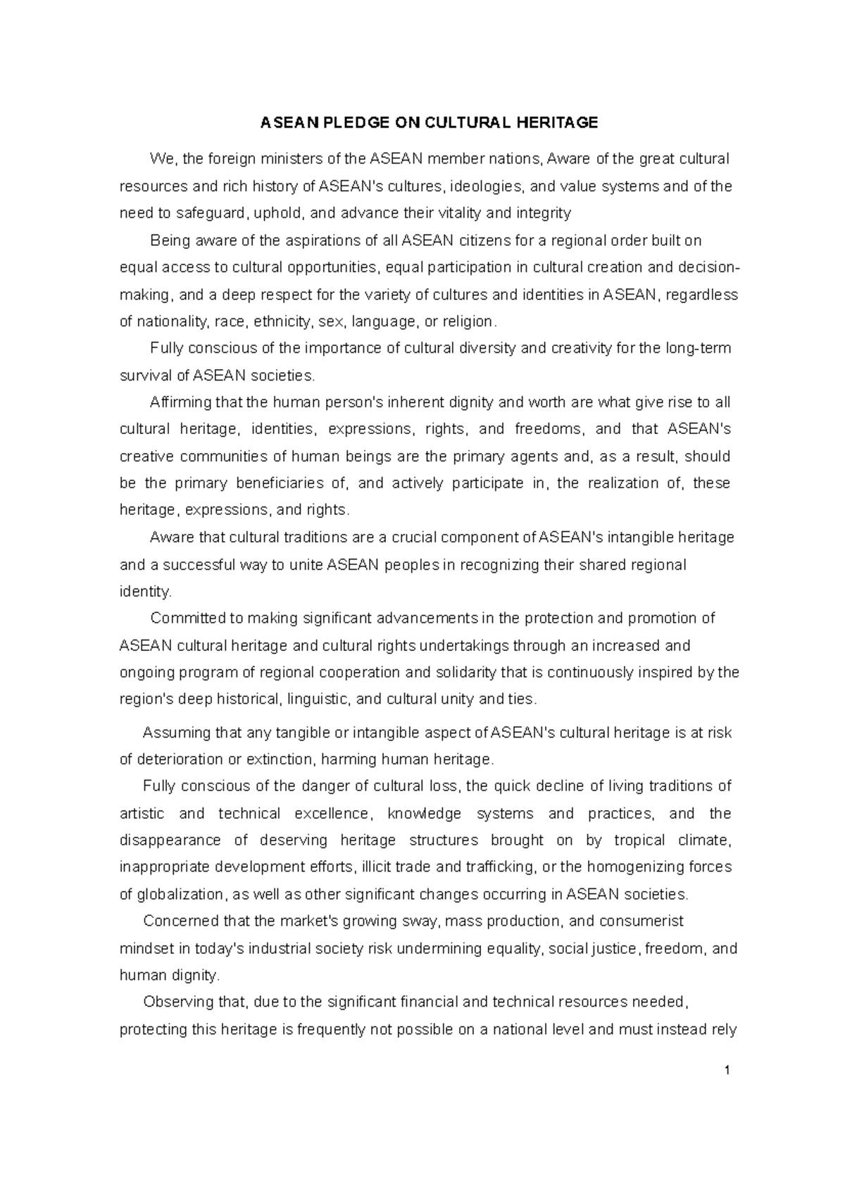 Asean Pledge ON Cultural Heritage - ASEAN PLEDGE ON CULTURAL HERITAGE ...
