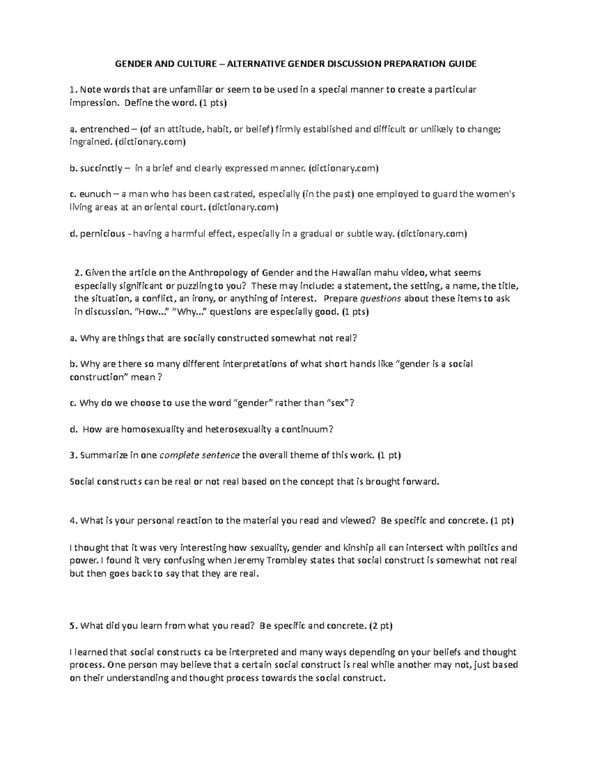 Gender and Culture Discussion Preparation Form - GENDER AND CULTURE ...