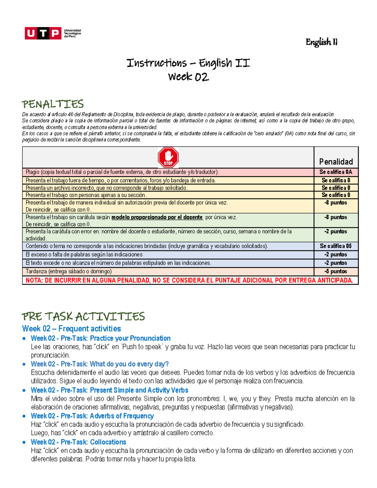 Week 02 - Indicaciones en español para el alumno - Inglés 2 - English ...