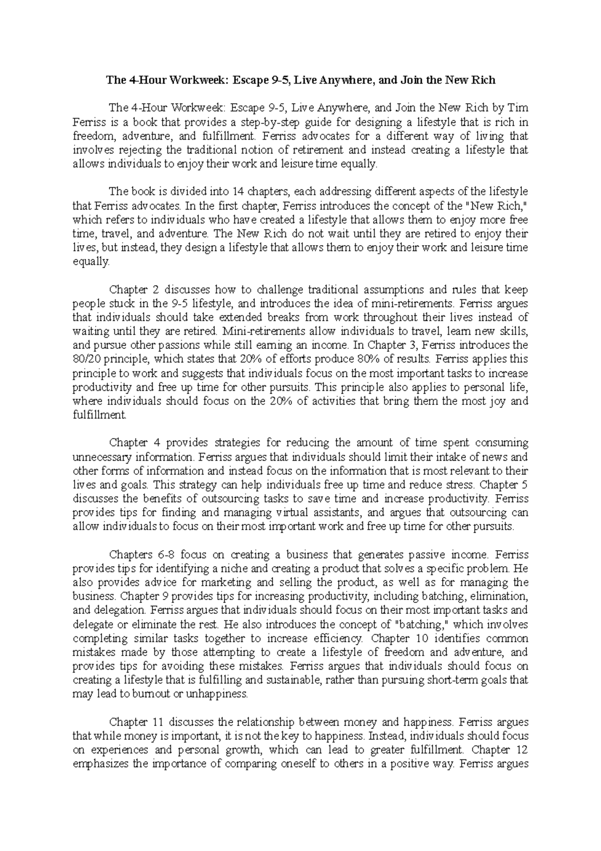 Summary Of The Book Title The 4-Hour Workweek Escape 9-5, Live Anywhere, and Join the New Rich ...