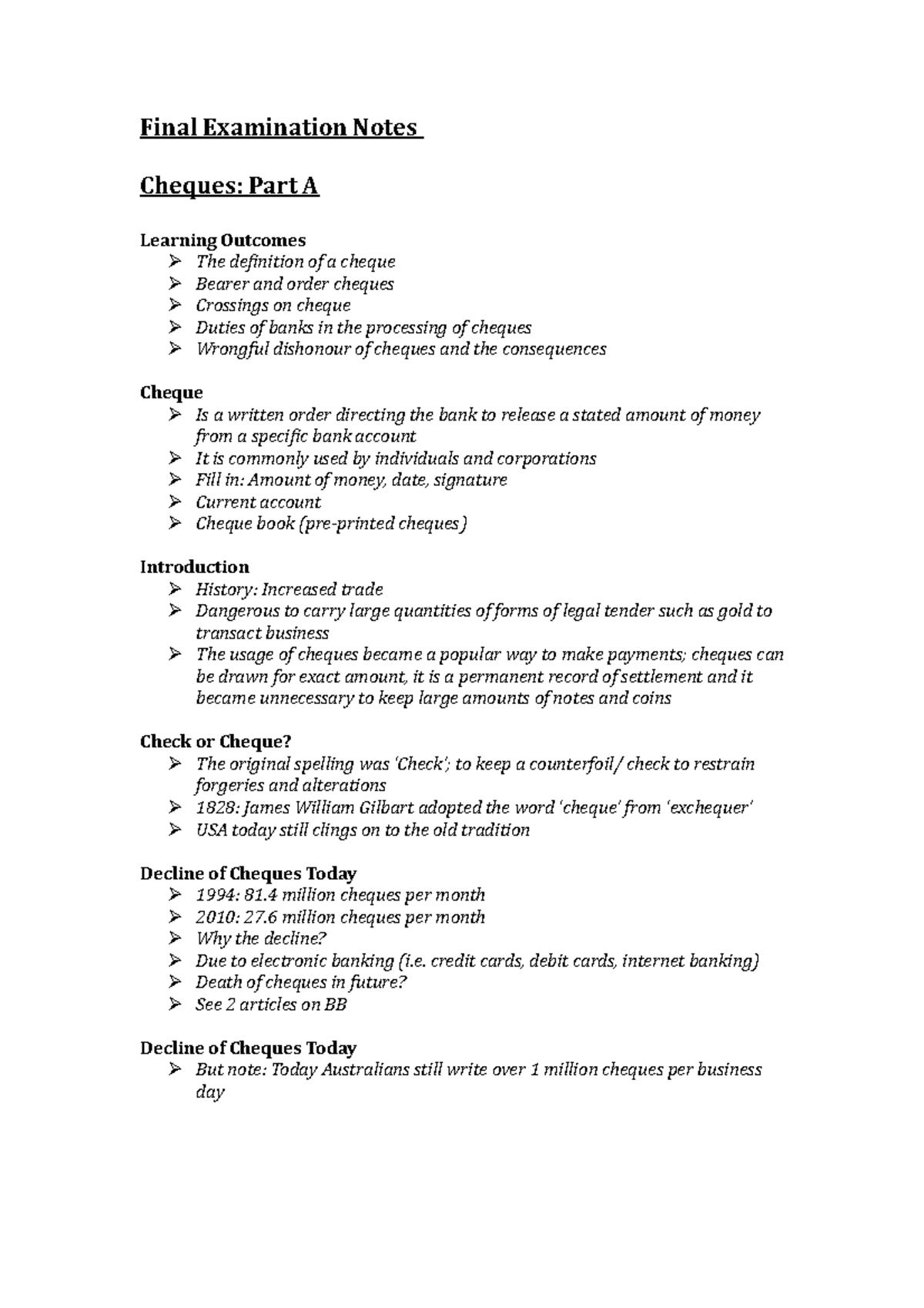 Final Examination Notes - Final Examination Notes Cheques: Part A ...