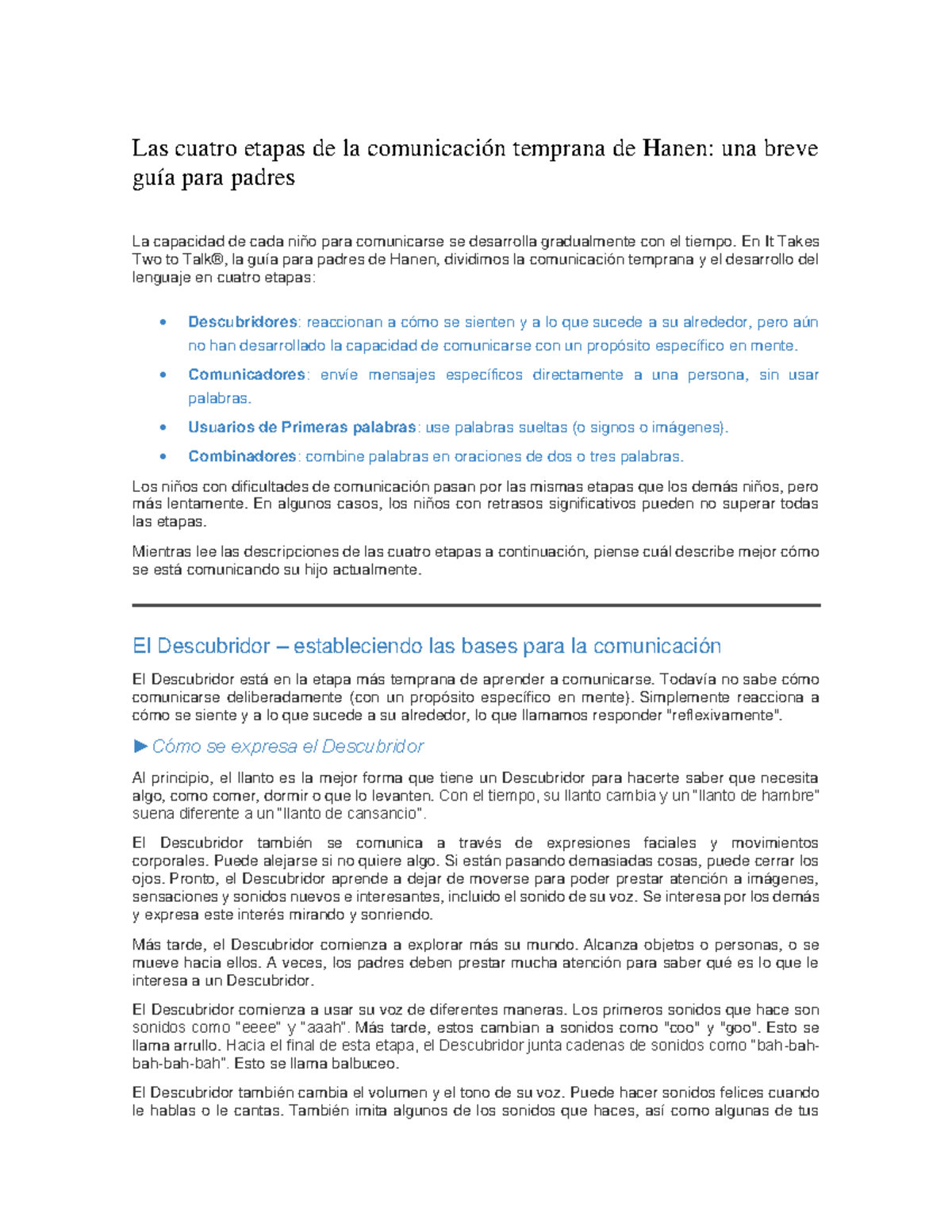 Metodo Hanen - Etapas de la comunicacion - Las cuatro etapas de la ...