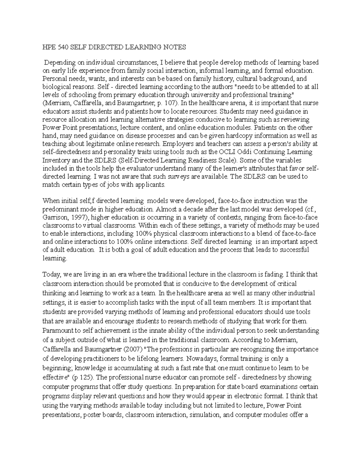 HPE 540 SELF Directed Learning Notes - HPE 540 SELF DIRECTED LEARNING ...
