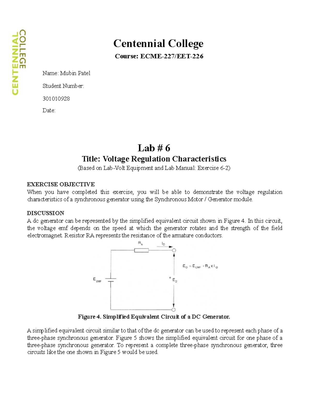 EET-226-002 LAB 6 mubin - Centennial College Course: ECME-227/EET- Name ...