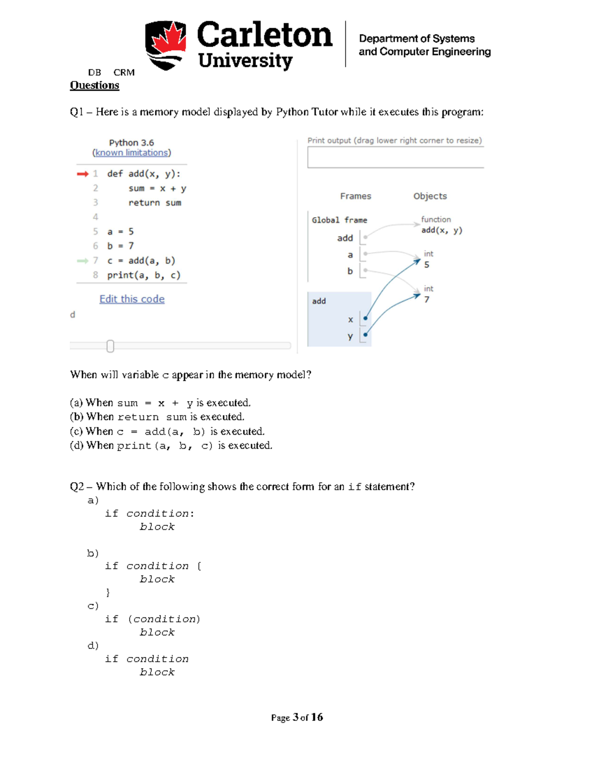 ECOR1041 Sample Final - Questions Q1 – Here is a memory model displayed ...