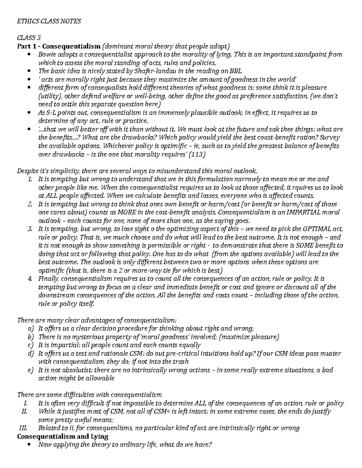 Business Ethics - Class Notes - ETHICS CLASS NOTES CLASS 3 Part 1 ...