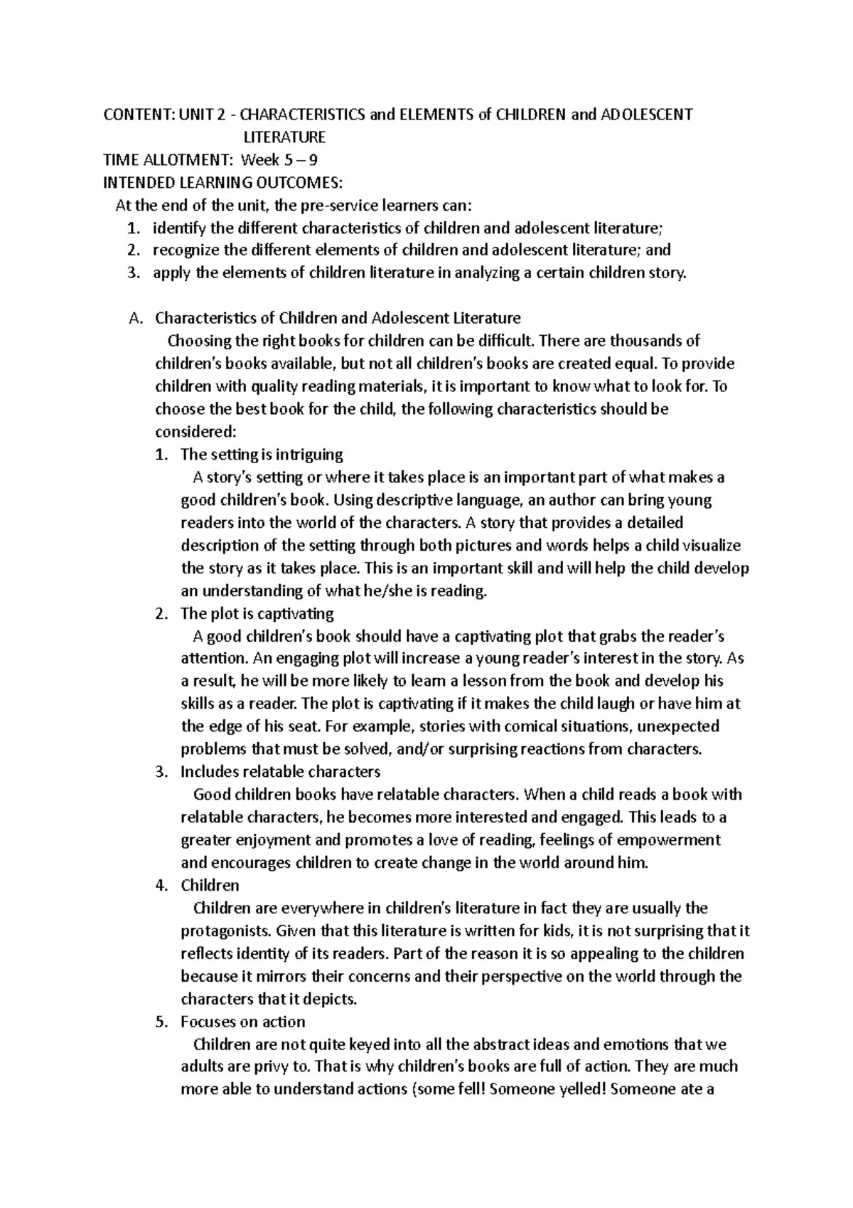 MC LIT 1 Unit 2 - CONTENT: UNIT 2 - CHARACTERISTICS and ELEMENTS of ...