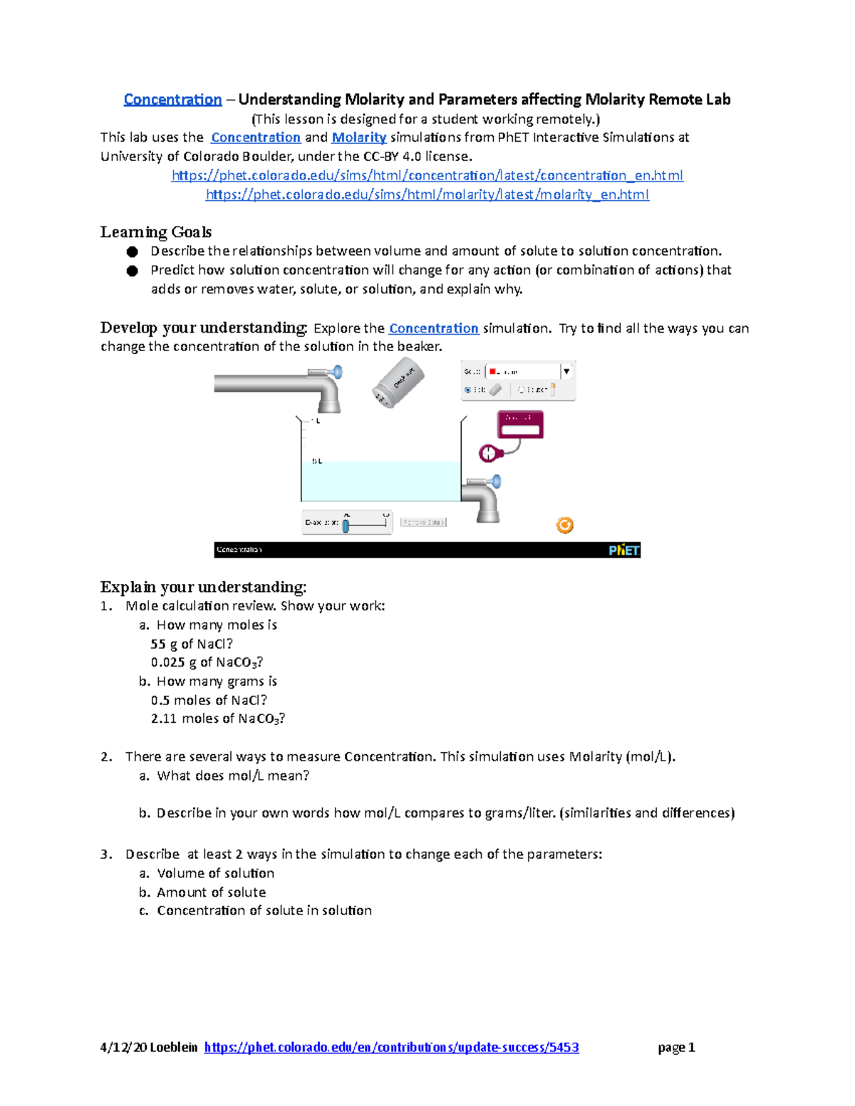 Molarity p HET Simulation Worksheet - Concentration – Understanding ...