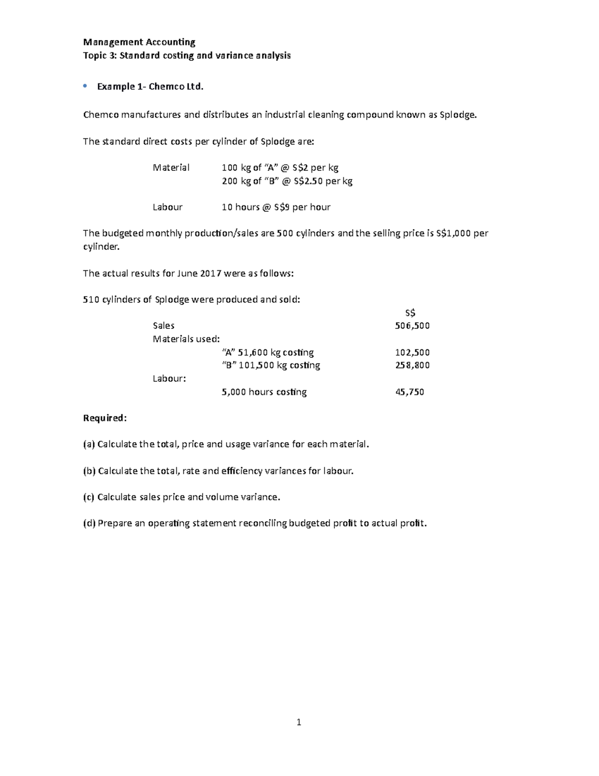 Exercises Standard Costing And Variance Analysis Questions 1 Topic 3