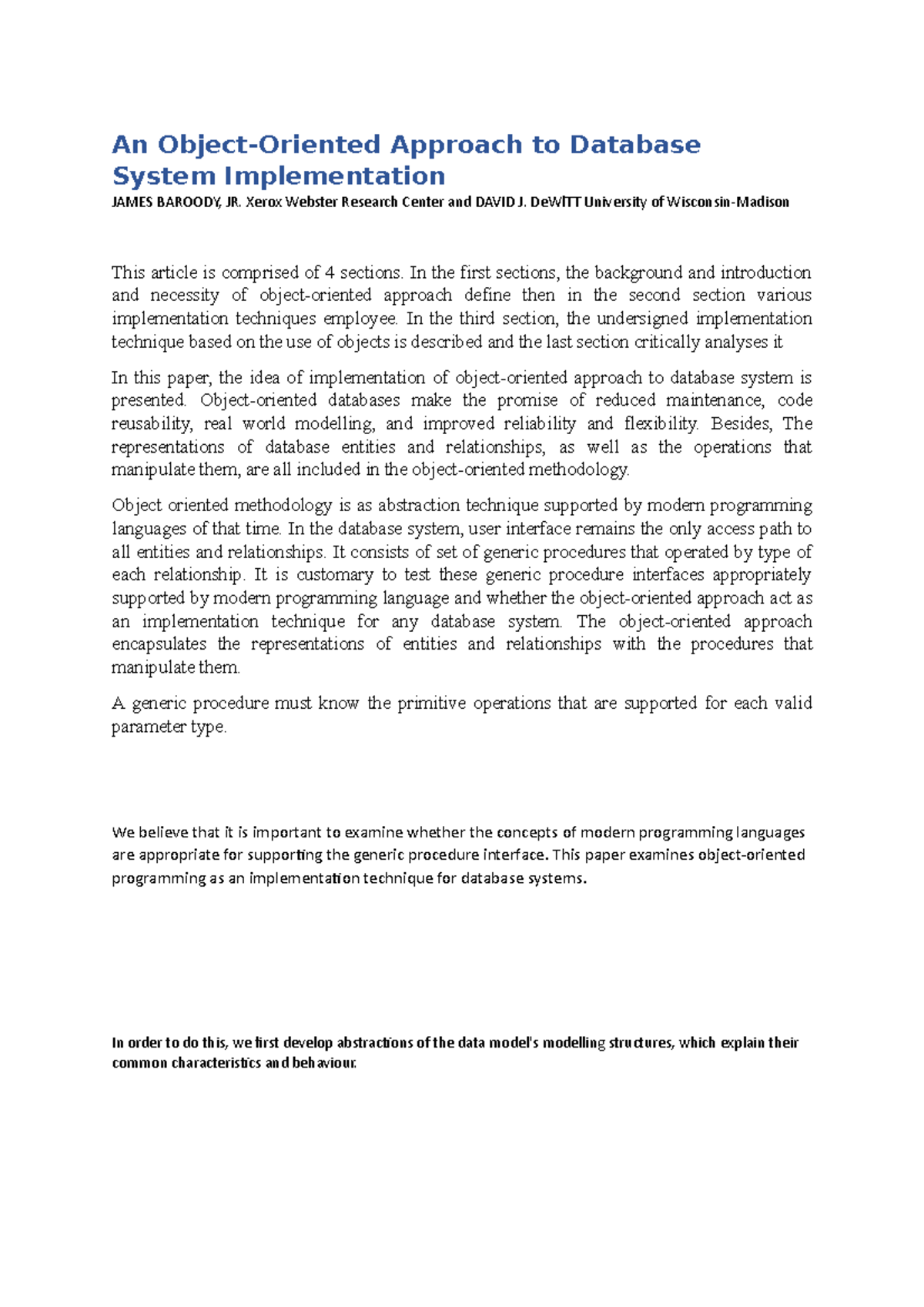 An Object - ASDA - An Object-Oriented Approach to Database System Implementation JAMES BAROODY ...